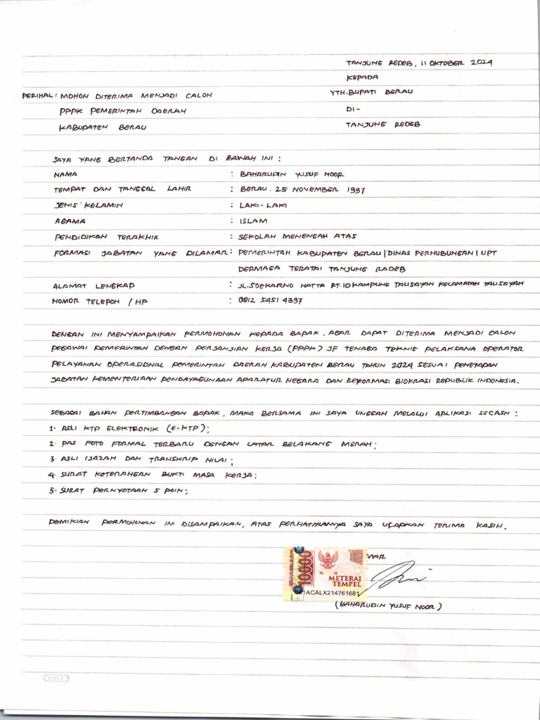 Surat Lamaran Baharuddin Yusuf Noor | PDF