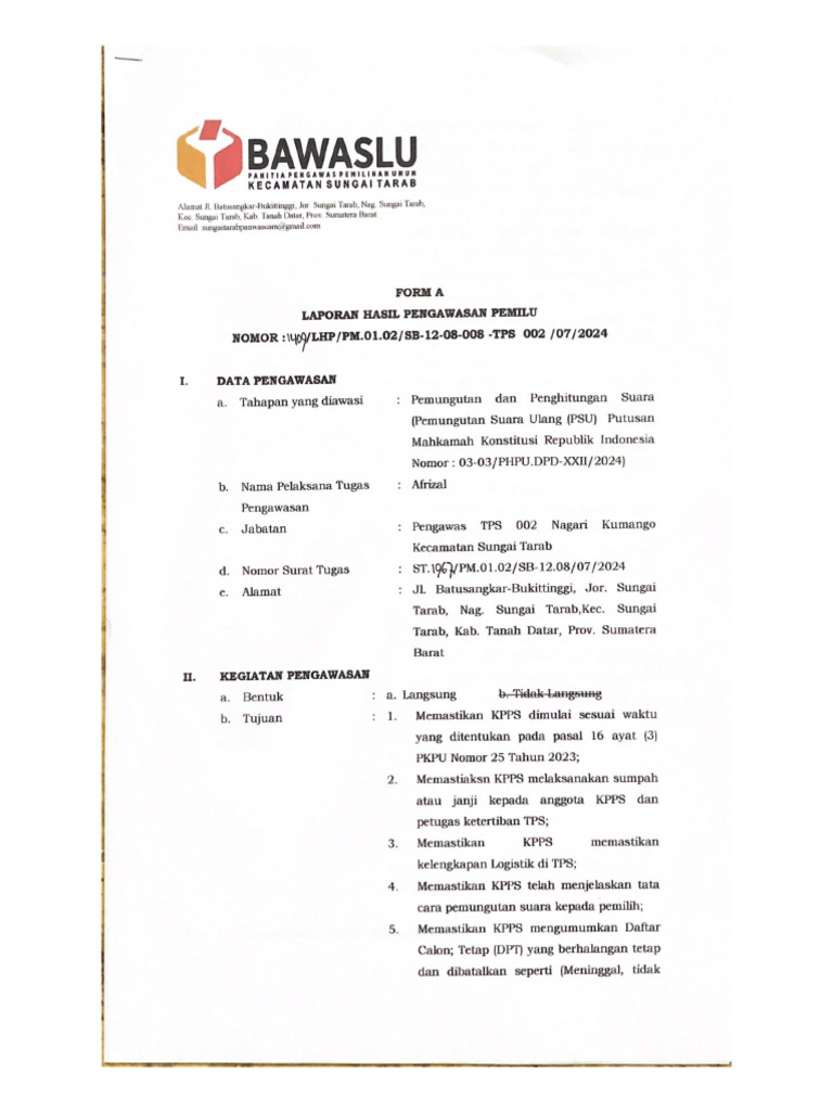 Form A Pengumutan Suara TPS 002 | PDF