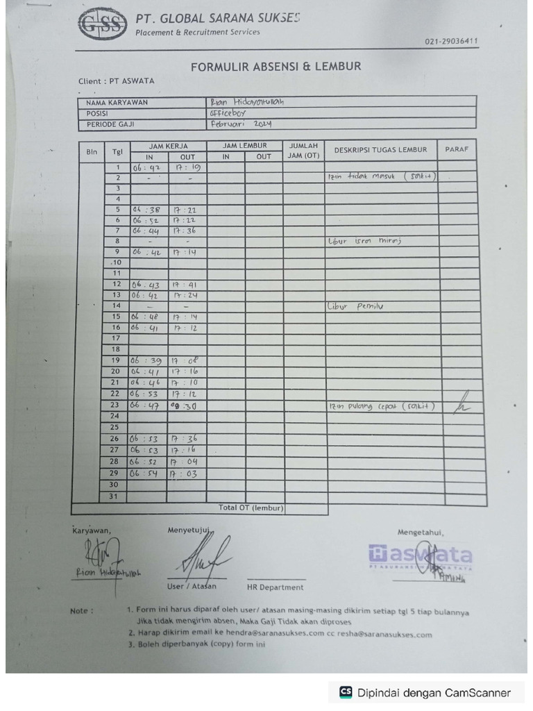 Rekap Absen Februari 2024 - Rian Hidayatullah | PDF