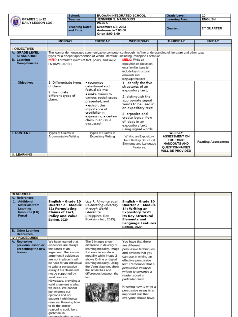 English 10 Q2 Week 5 | PDF | Essays | Cognition