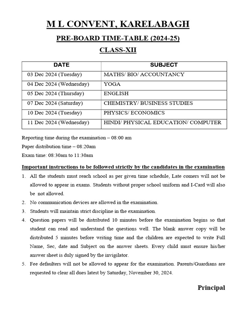 Pre Board Time Table Class Xii | PDF | Wellness