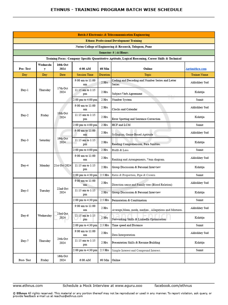 Ethnus Training Schedule - Batch Wise - NCER-3 | PDF