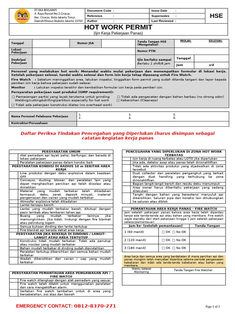 FM HSE PTW Hot Work | PDF