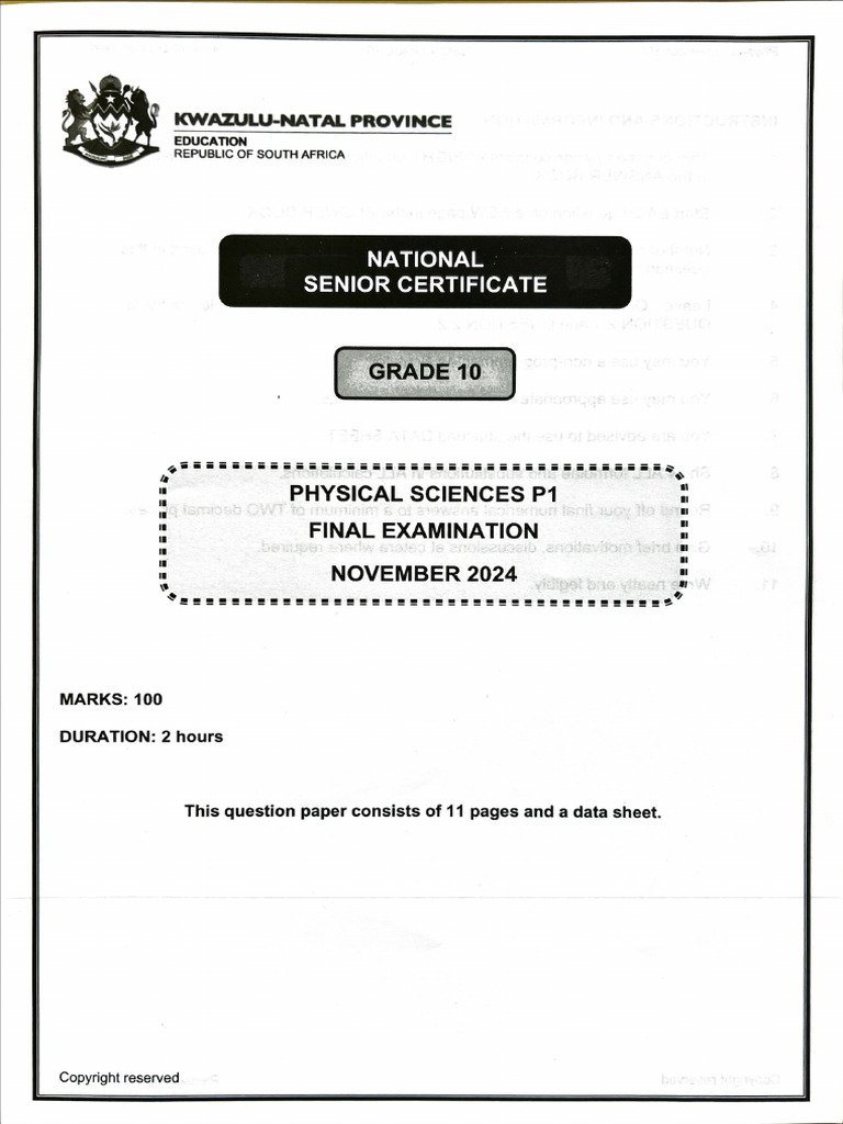 G10 Physical Sciences P1 Nov 2024 KZN Common QP Scanned by Farhad Akoo ...