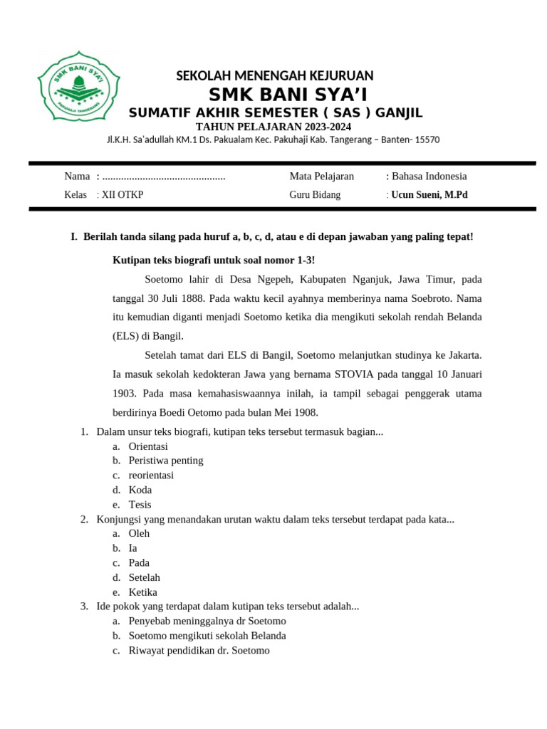 Soal Sas B.indo Kelas 12 Ganjil | PDF