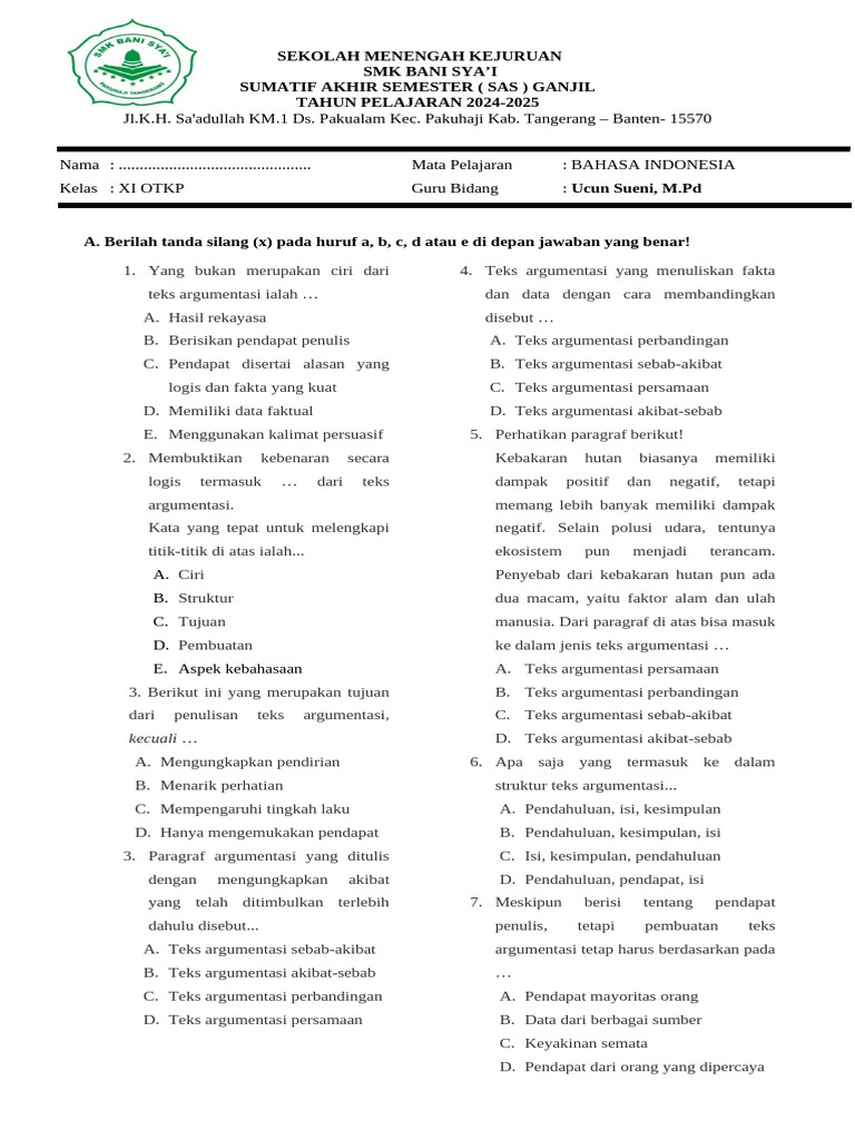 Soal Pas Ganjil 2024 2025 B.indo Kelas 11 | PDF