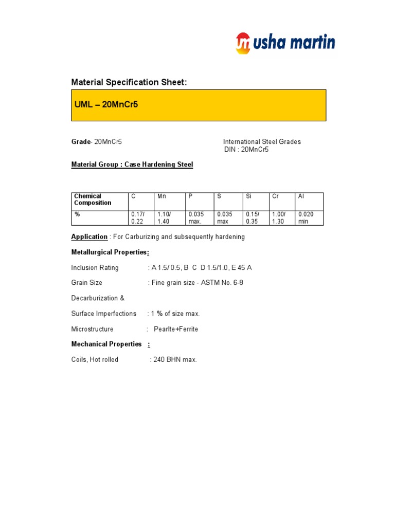 Material Specification Sheet 20MnCr5 Coils | PDF