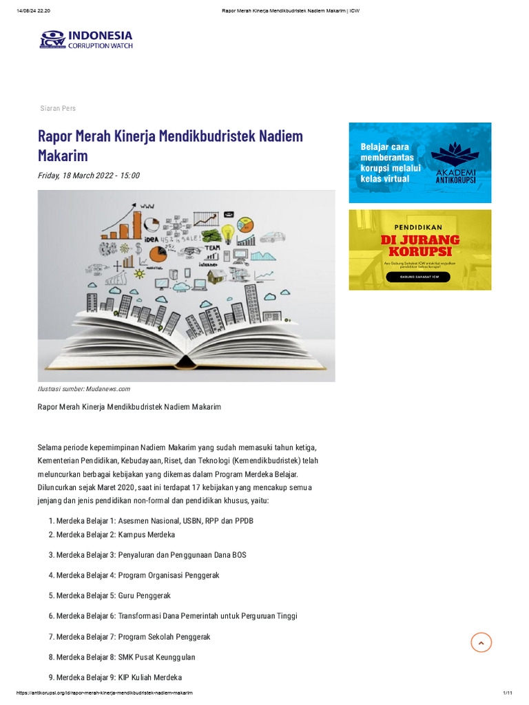 Rapor Merah Kinerja Mendikbudristek Nadiem Makarim - ICW | PDF