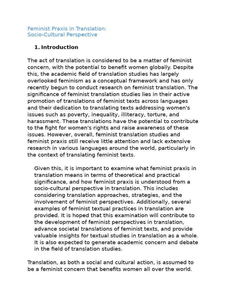 Feminist Praxis in Translation - Socio Cultural Perspective | PDF ... Feminist Praxis in Translation - Socio Cultural Perspective | PDF ...