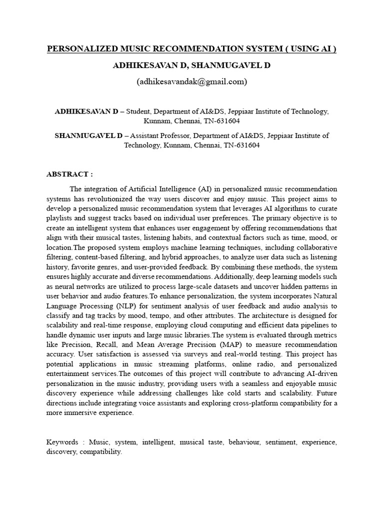 Adhikesavan D, Personalized Music Recommendation System (Only Abstract ...