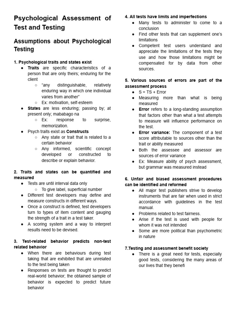 Psych Assessment Test and Testing Notes | PDF | Psychology | Cognition