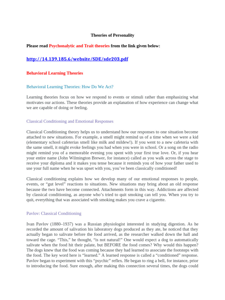 Theories of Personality | PDF | Reinforcement | Classical Conditioning