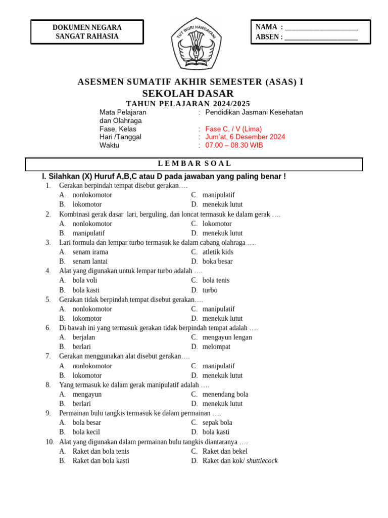Asesmen Sumatif Akhir Semester Kurmer Pjok | PDF