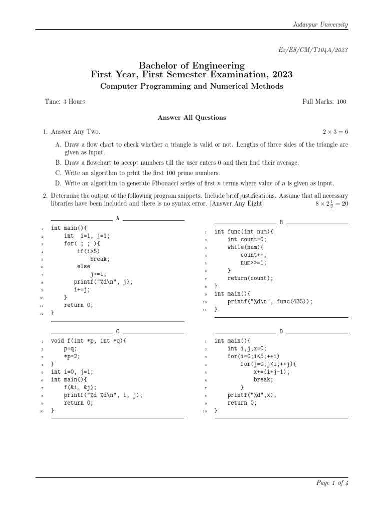 Bachelor of Engineering First Year, First Semester Examination, 2023 | PDF | Applied Mathematics ...