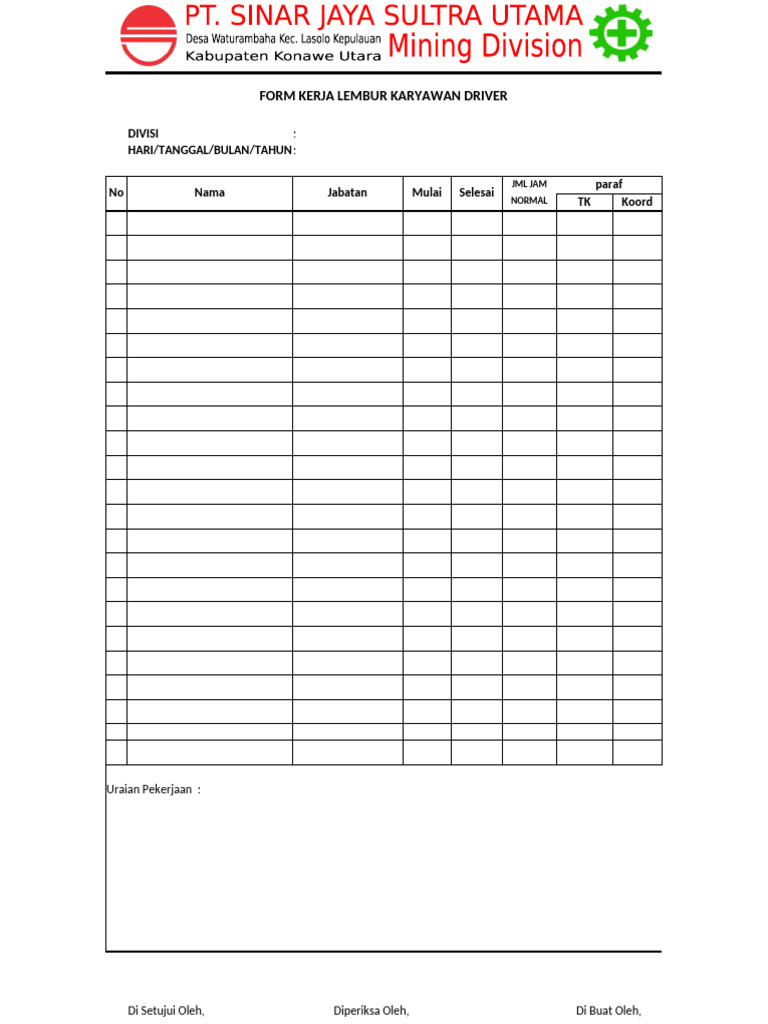Form Lembur Karyawan Driver | PDF