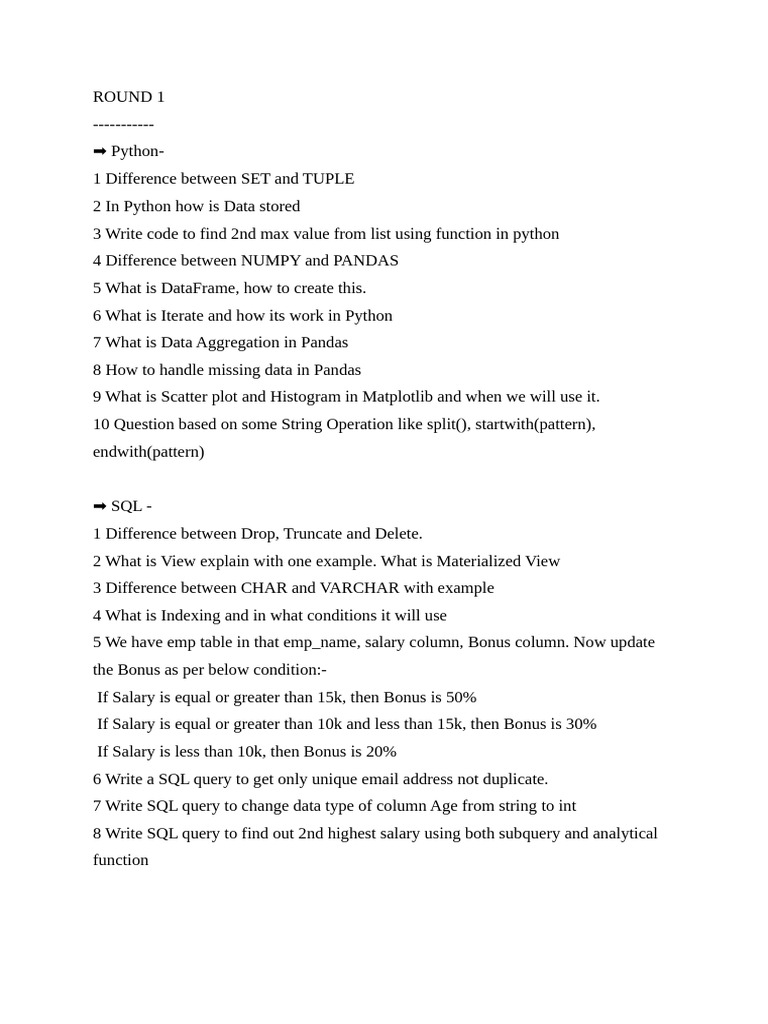 Py and SQL Interview | PDF | Teaching Methods & Materials