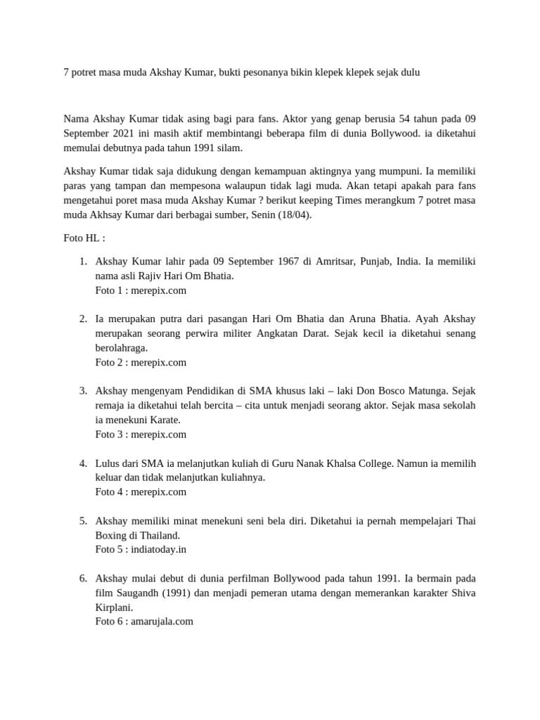 X Potret Masa Muda Akshay Kumar | PDF