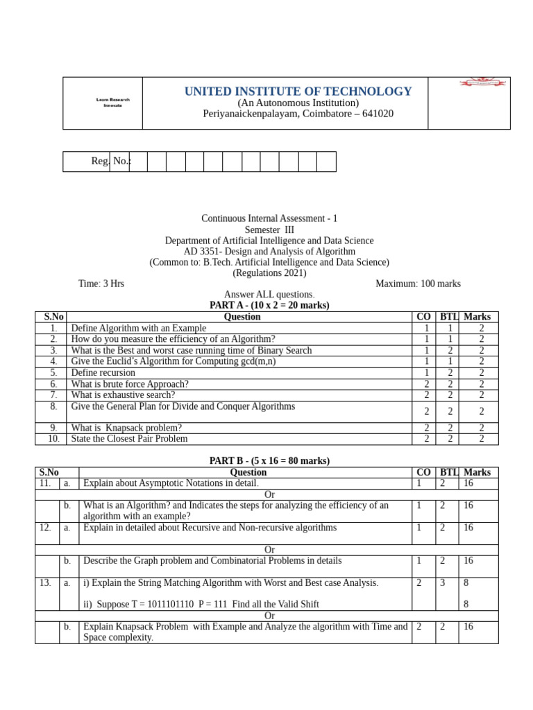 Ad3351-Daa QP - Set B | PDF | Algorithms | Theoretical Computer Science