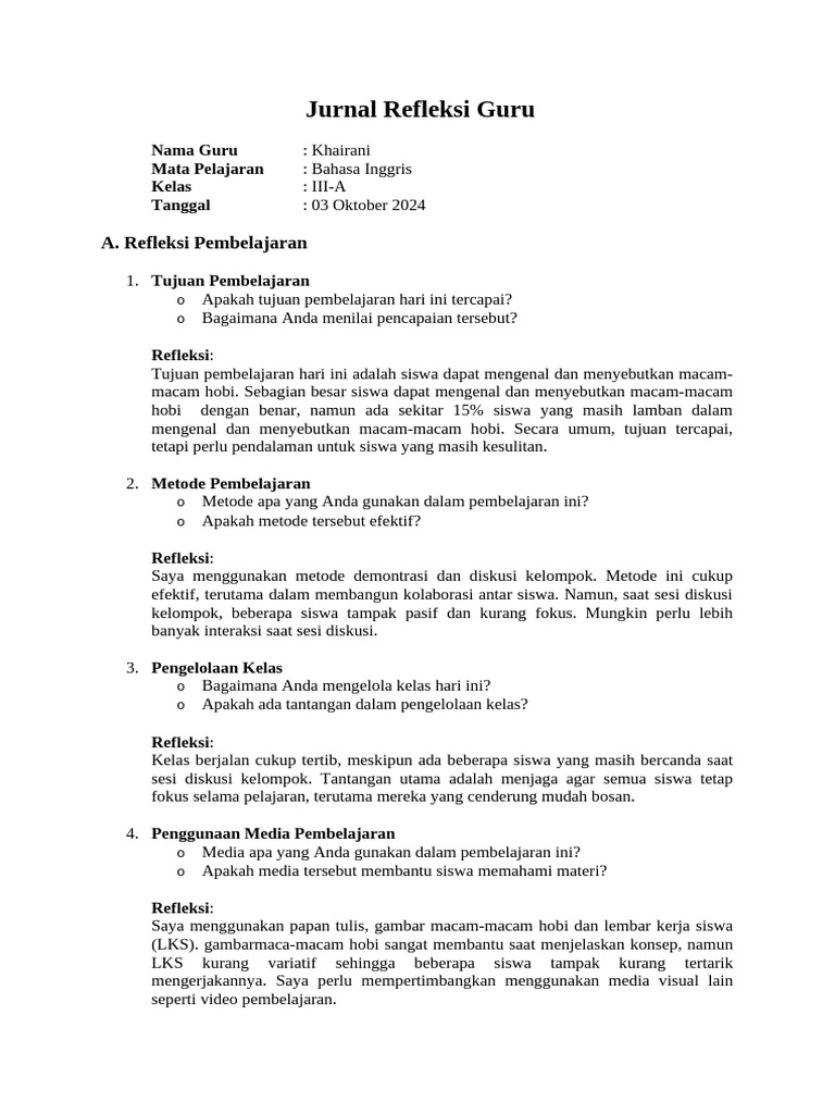 Jurnal Refleksi Pembelajaran Guru SD | PDF | Karier & Perkembangan