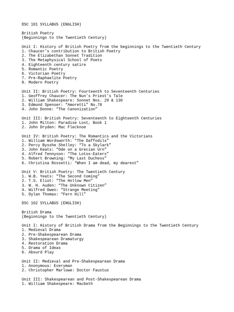 DSC 101: British Poetry Syllabus | PDF