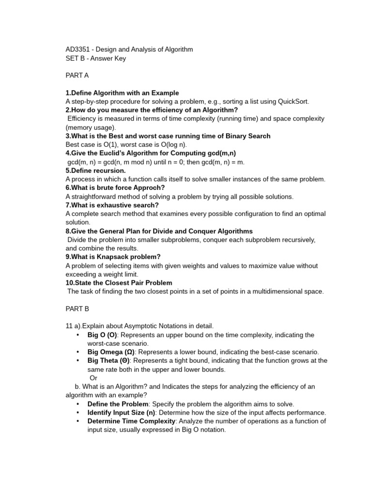 AD3351 - DAA SET B-Answer Key | PDF | Computational Complexity Theory | Computer Programming