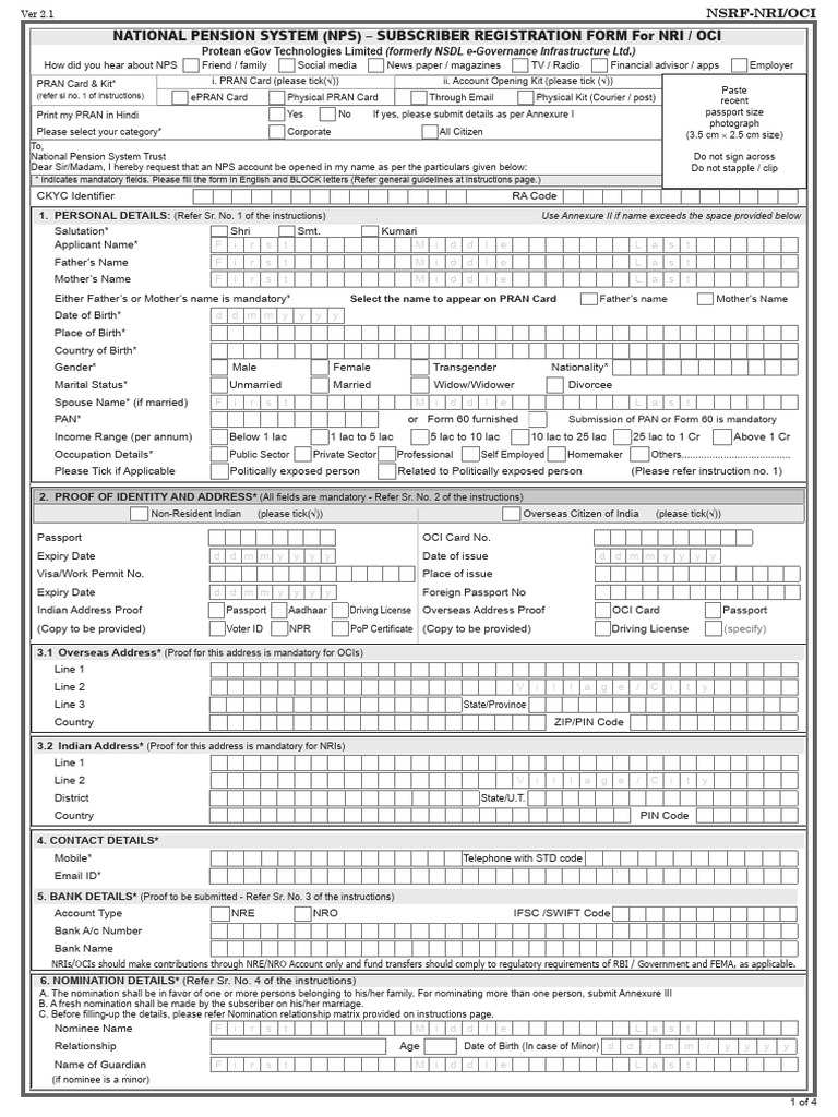 NPS-Subscriber Registration Form - Ver 2.1 | PDF