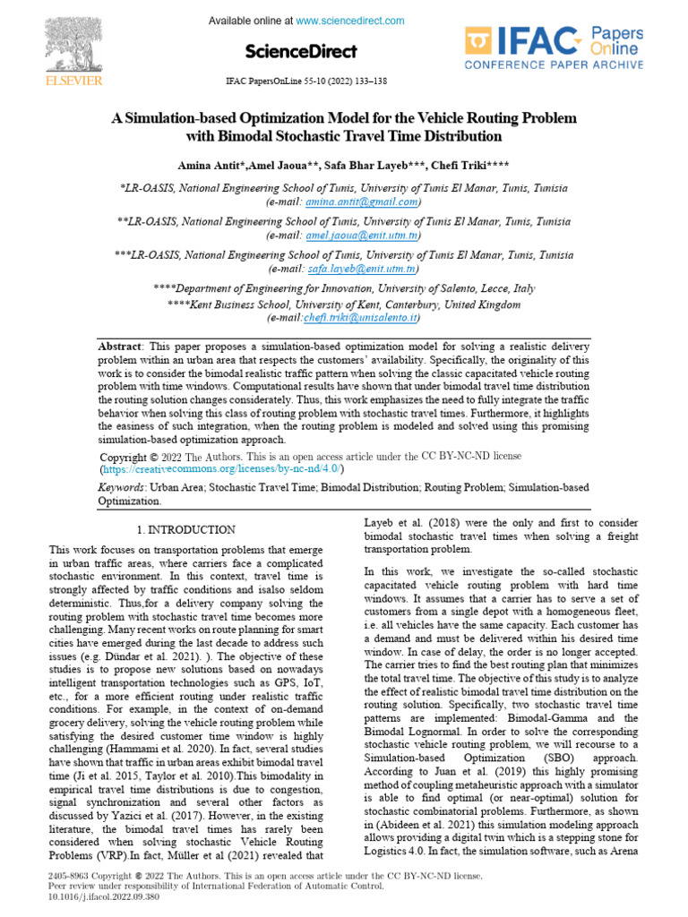 A Simulation Based Optimization Model For The Vehicle Routing 2022 IFAC Pap | PDF ...