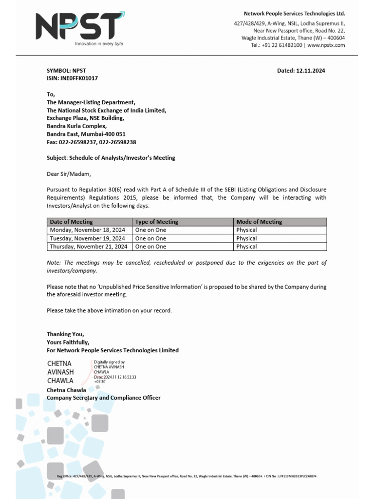 NPST Investor Meeting Schedule | PDF