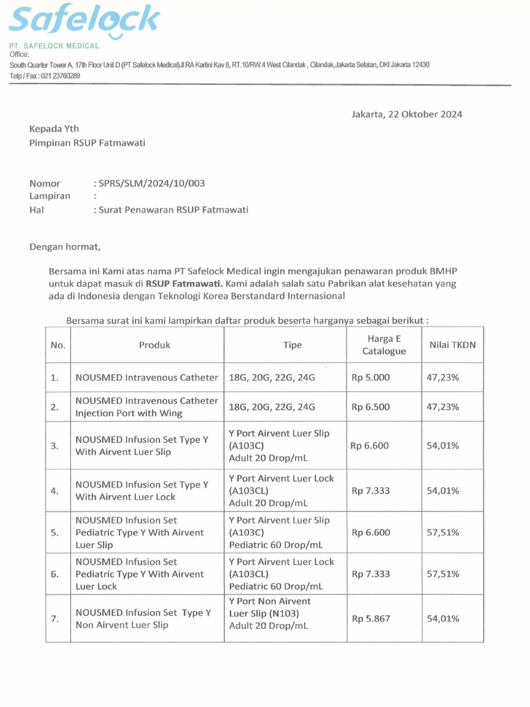 Surat Penawaran RSUP Fatmawati | PDF