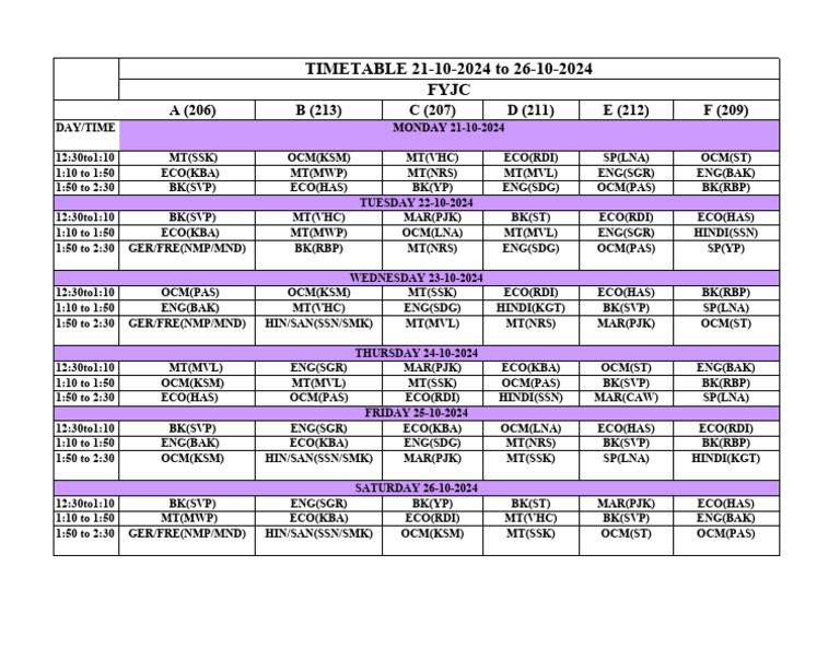 Timetable - 21 To 26 Oct 2024 | PDF
