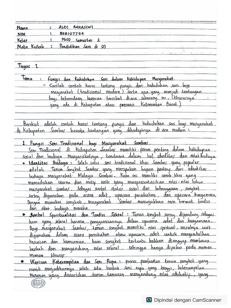 Tugas 1 - Pendidikan Seni Di SD - Aldi Rakasiwi (858107754) | PDF