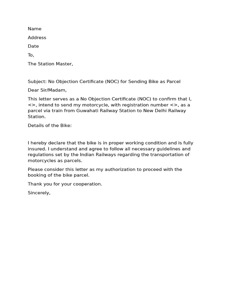 NOC For Bike Parcel | PDF | Finance & Money Management | Technology ...