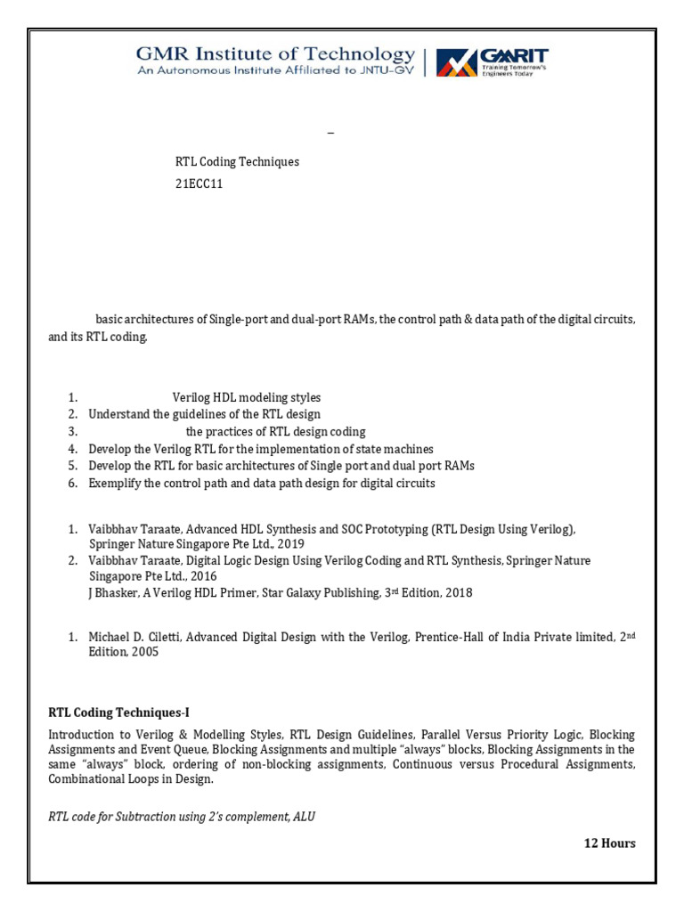 Hand Out of RTL - Coding - Techniques - 2023-24 | PDF | Hardware ...