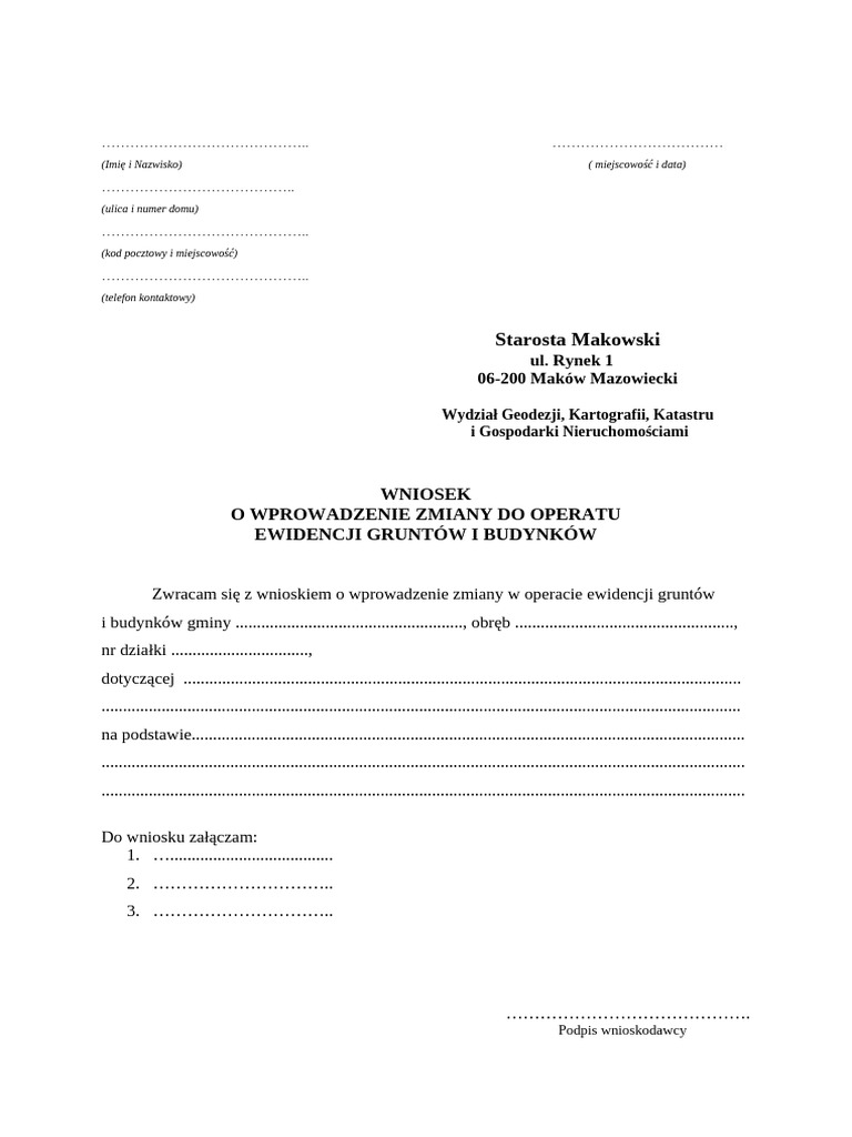 Wniosek o Wprowadzenie Zmian W Ewidencji Gruntów I Budynków (Zmiana Adresu, Nazwiska Itp) | PDF