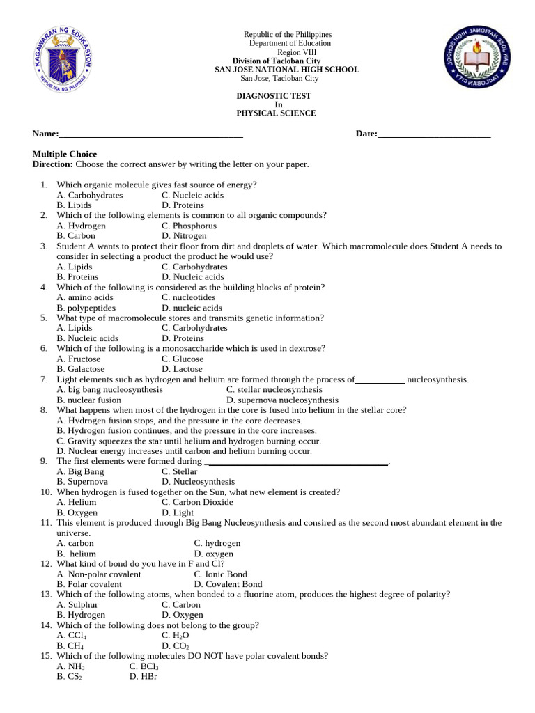 Diagnostic Test in Physical Science | PDF | Intermolecular Force ...