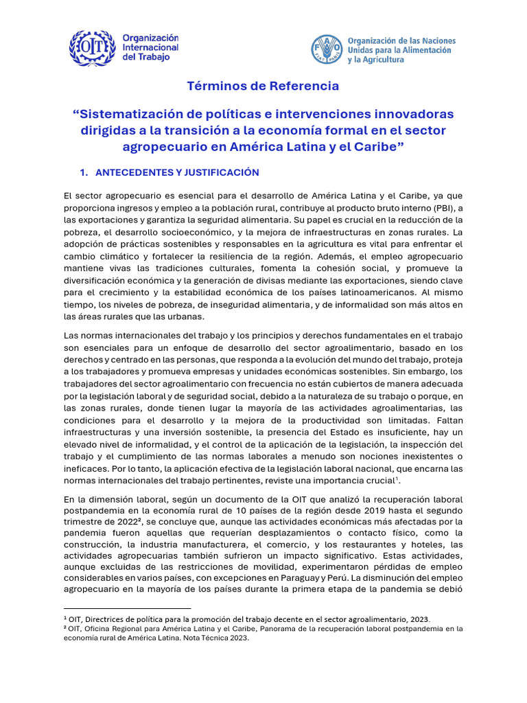 TDR OIT FAO Pol Ticas de Formalizaci N Sector Agr Cola ALC 1727474155 | PDF | Empleo | Derecho ...