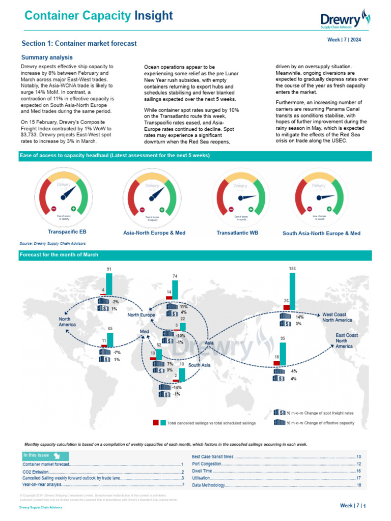 Drewry Container Capacity Insight WK07 2024 - Example Report | PDF