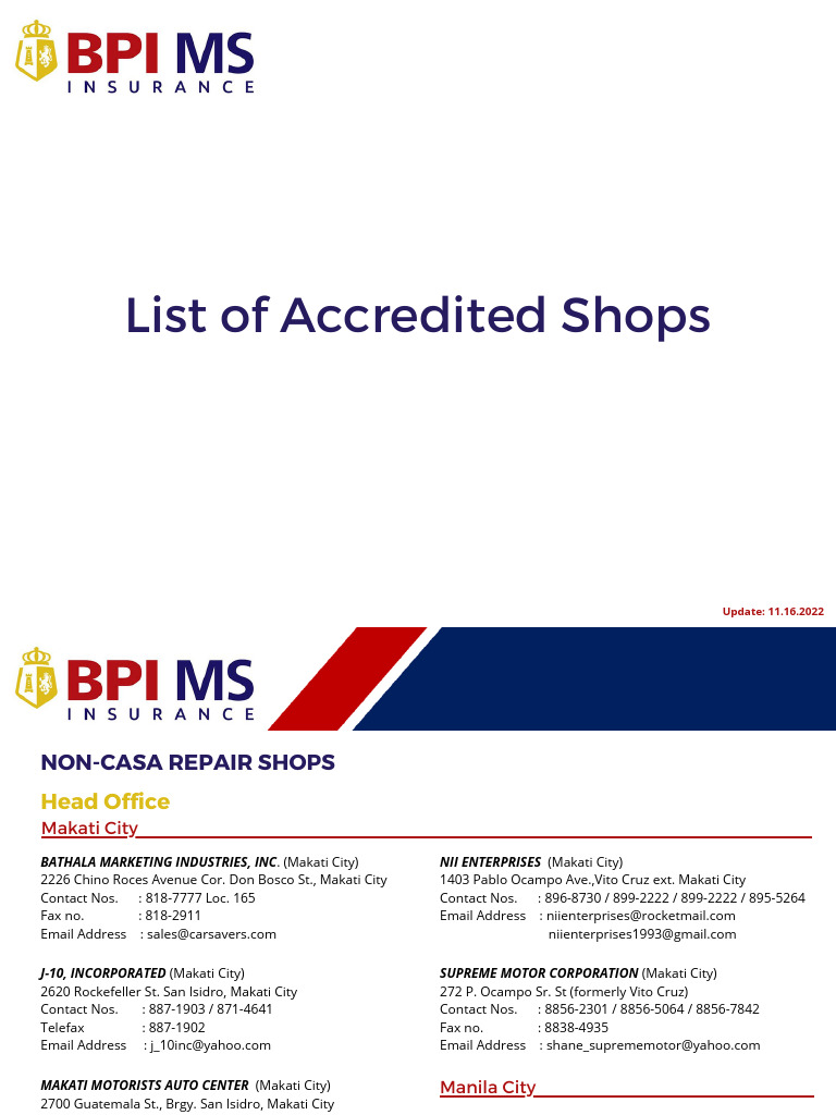Accredited Auto Repair Shops List | PDF | Makati | Philippines