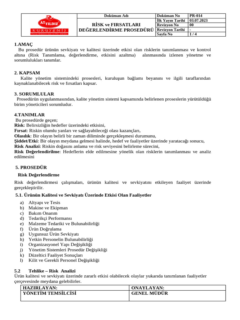 Pr-014 Ri̇sk Değerlendi̇rme Prosedürü | PDF