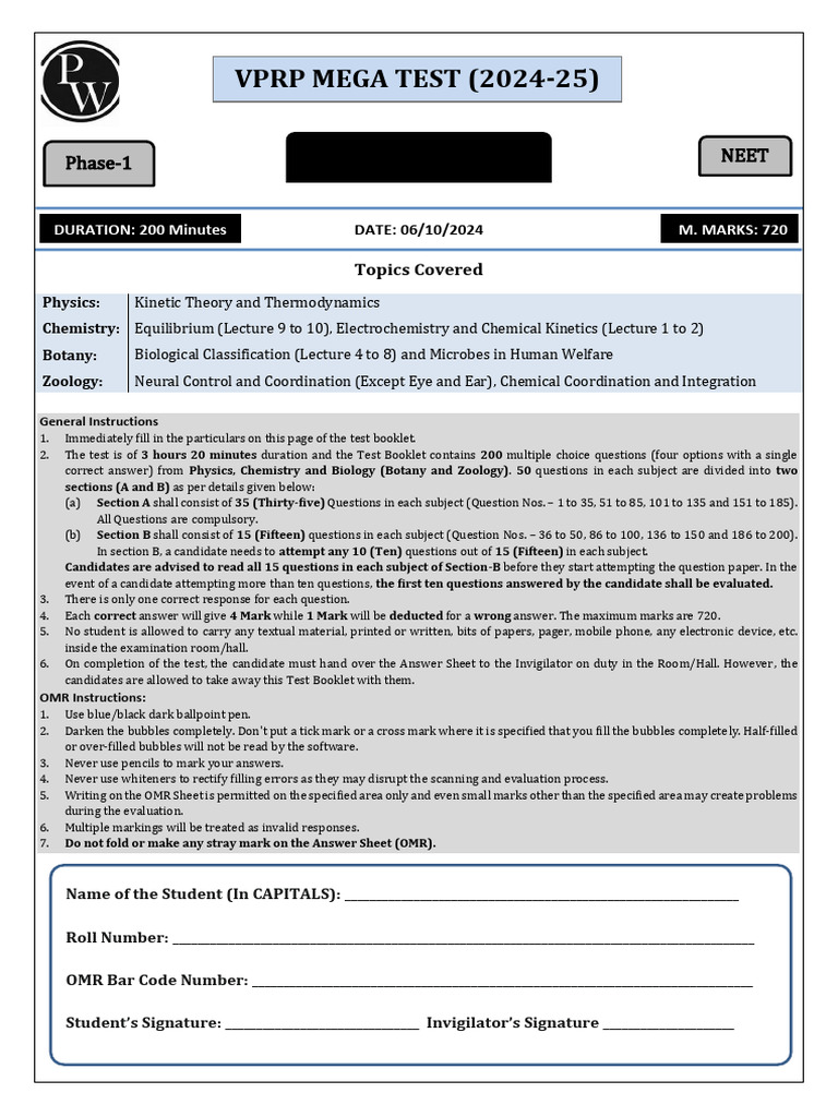 NEET Mega Test: Physics, Chemistry, Biology | PDF | Gases | Temperature