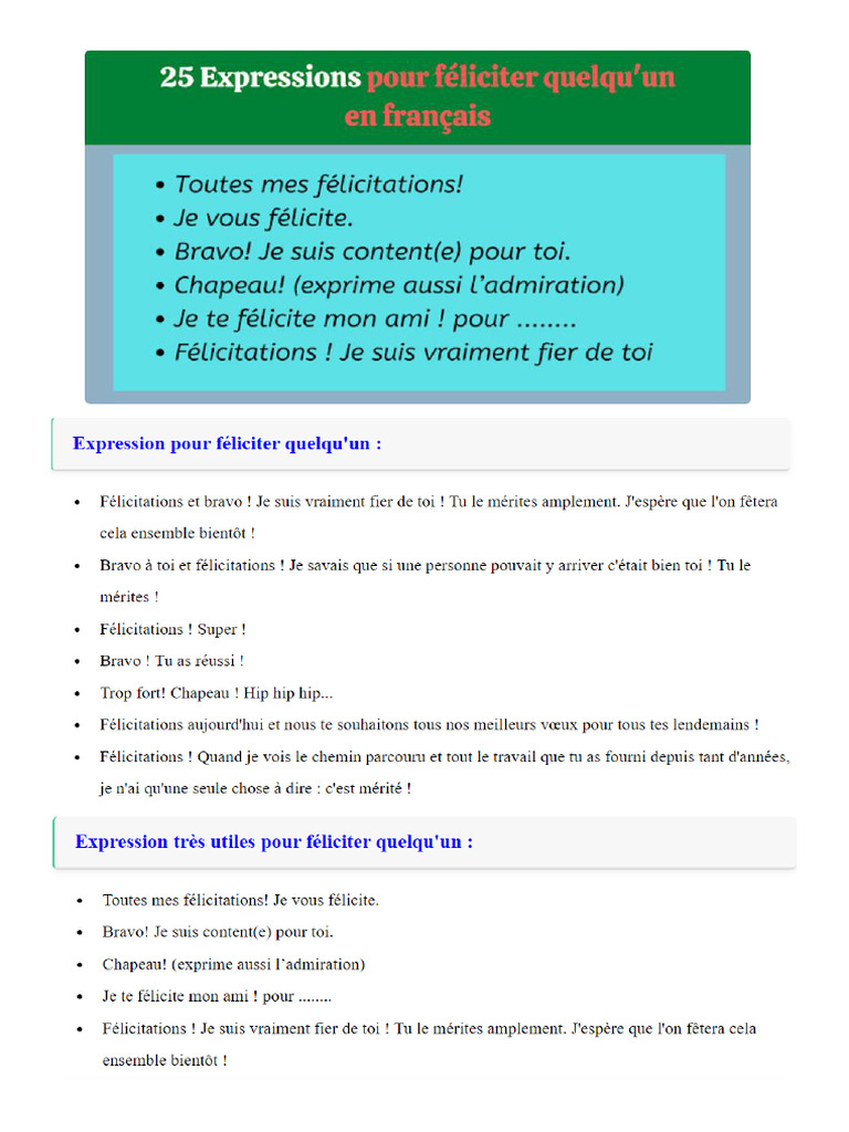 Expressions Utiles Pour Féliciter Quelqu'un | PDF