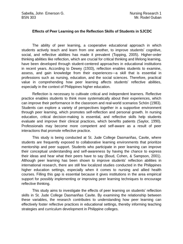 Effects of Peer Learning On The Reflection Skills of Students | PDF | Learning | Reflective Practice