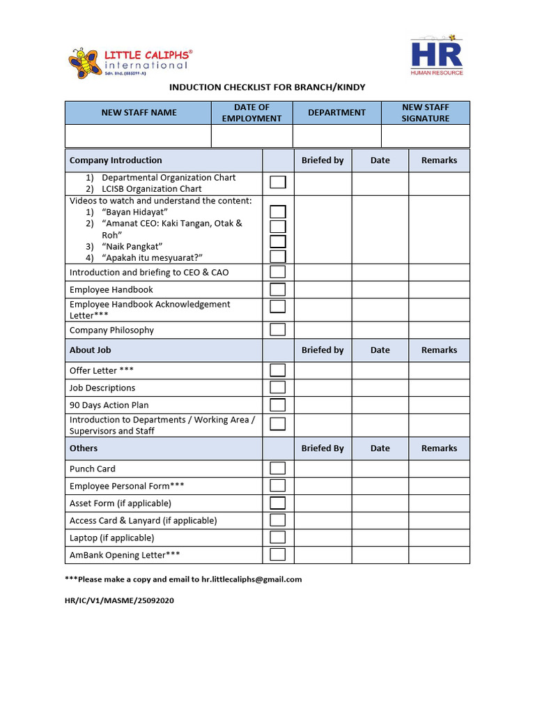 01 Induction Checklist For Branch and Kindy | PDF