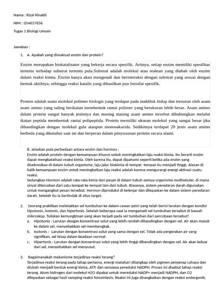 (Rizal Rinaldi - 054657656 - Tugas 1 Biologi Umum | PDF | Sains & Matematika