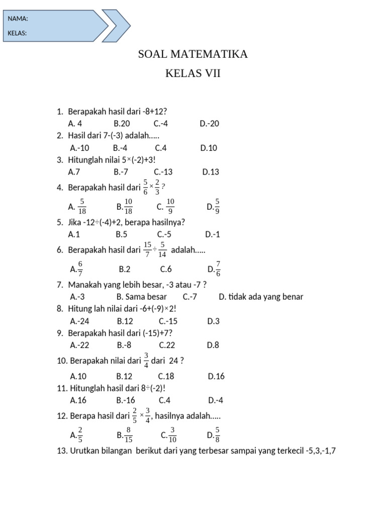 Soal Matematika Kelas VII dan Pembahasannya | PDF