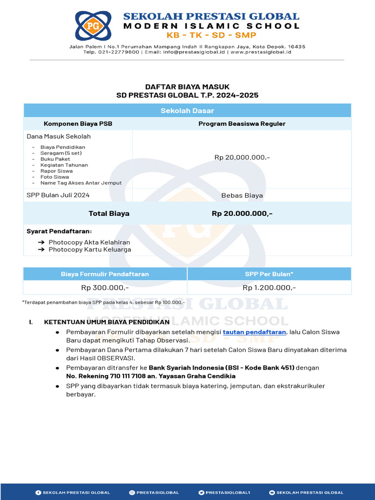 Biaya Masuk SD Prestasi Global 2024-2025 | PDF