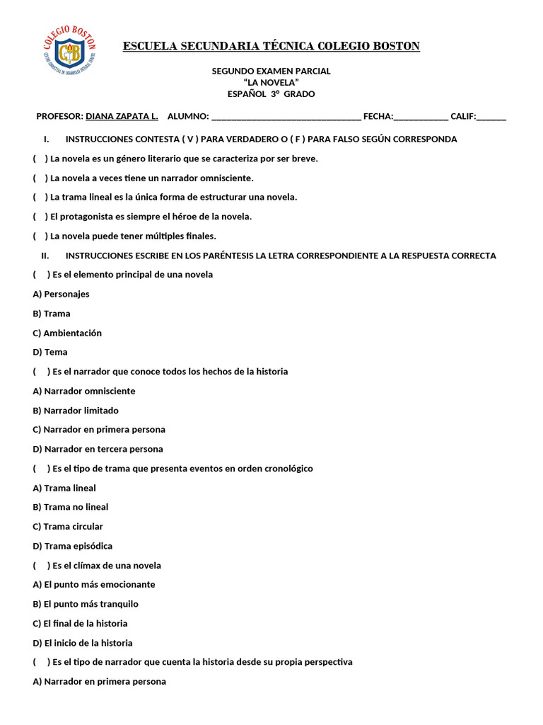 Examen 3° La Novela - 1 | PDF | Novelas
