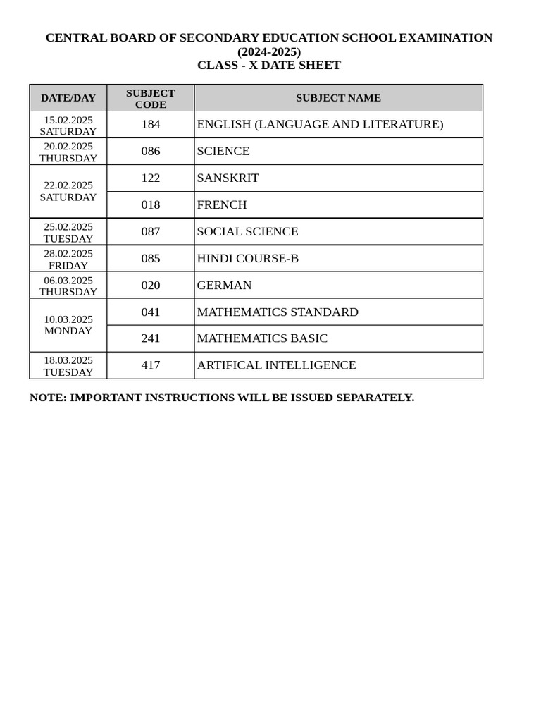 Cbse Class X Date Sheet Year 2024 2025 2024 11 22 125222 | PDF