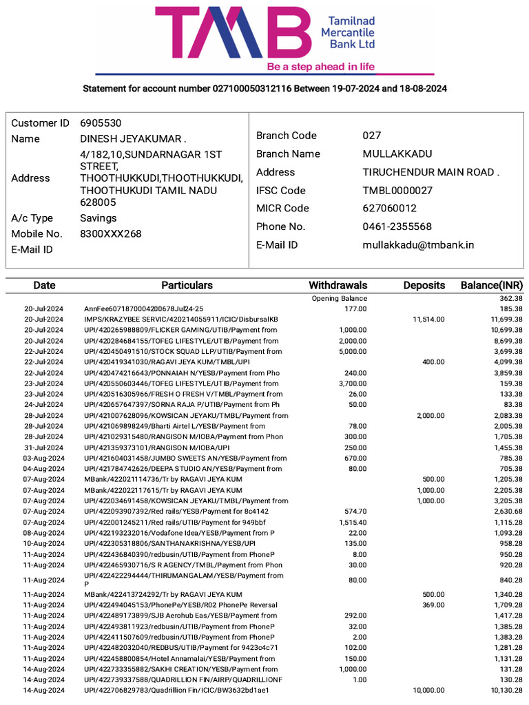 Savings Account Statement: July-Aug 2024 | PDF | Payments | Money
