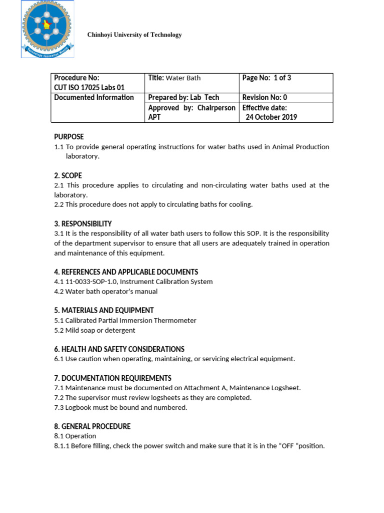 001 Sop Water Bath | PDF | Thermostat | Water
